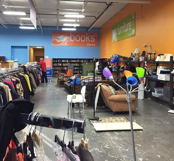The store's colorful interior buzzes with possibility, where books meet furniture in organized chaos and delightful discovery.