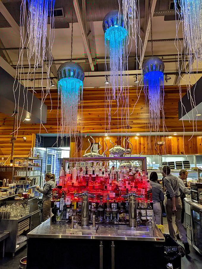 Jellyfish lighting fixtures dangle from the ceiling like oceanic chandeliers, casting a blue glow that transforms ordinary cocktail hour into underwater magic.