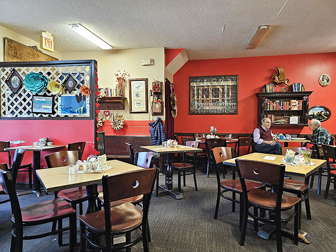 The dining room's eclectic decorations tell stories while you create your own over scrambled eggs.