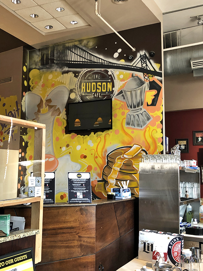 Detroit's Ambassador Bridge mural watches over diners&mdash;a reminder that this cafe bridges the gap between ordinary breakfast and morning masterpieces.