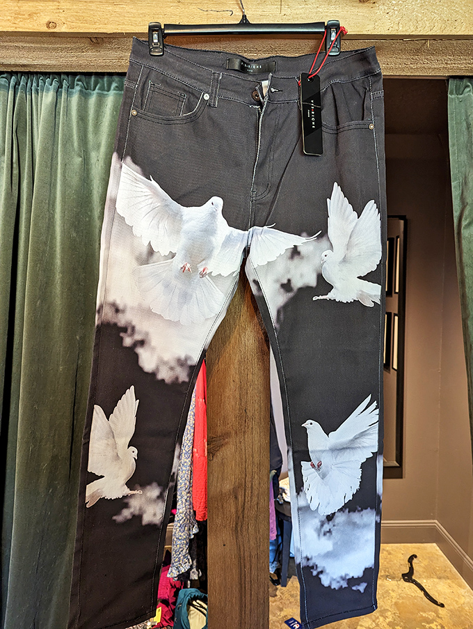 Designer jeans featuring flying doves &ndash; when your pants make a statement louder than anything you could possibly say while wearing them.