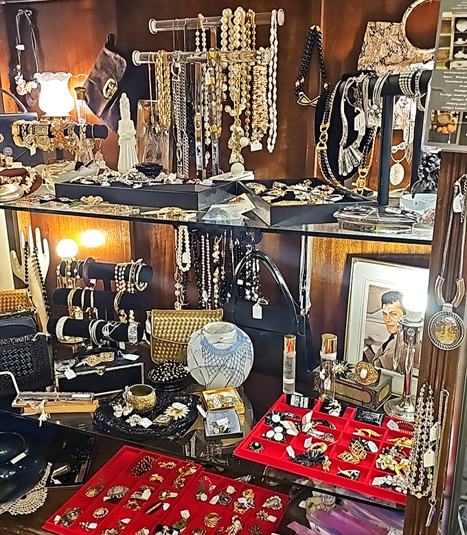 Jewelry displayed with the reverence of museum artifacts. Each necklace and brooch carries whispers of special occasions and cherished memories.