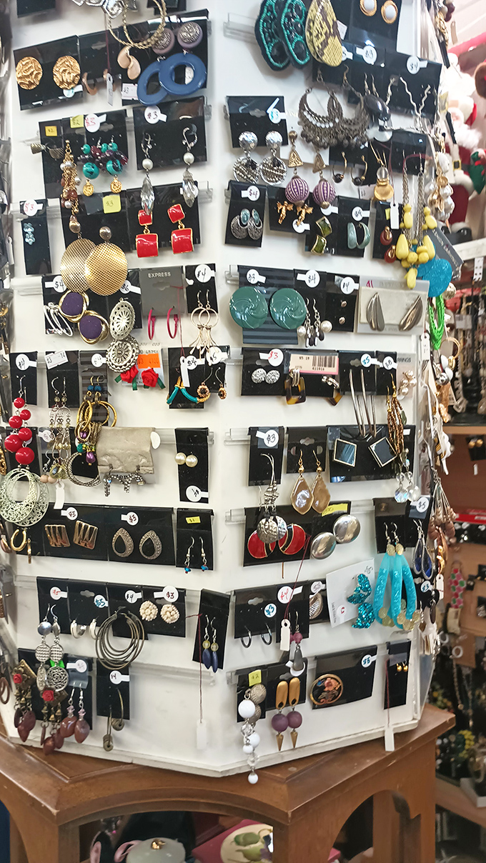 Jewelry hunters, rejoice! This rotating display of earrings and necklaces proves that one person's "last season" is another's "just discovered treasure."