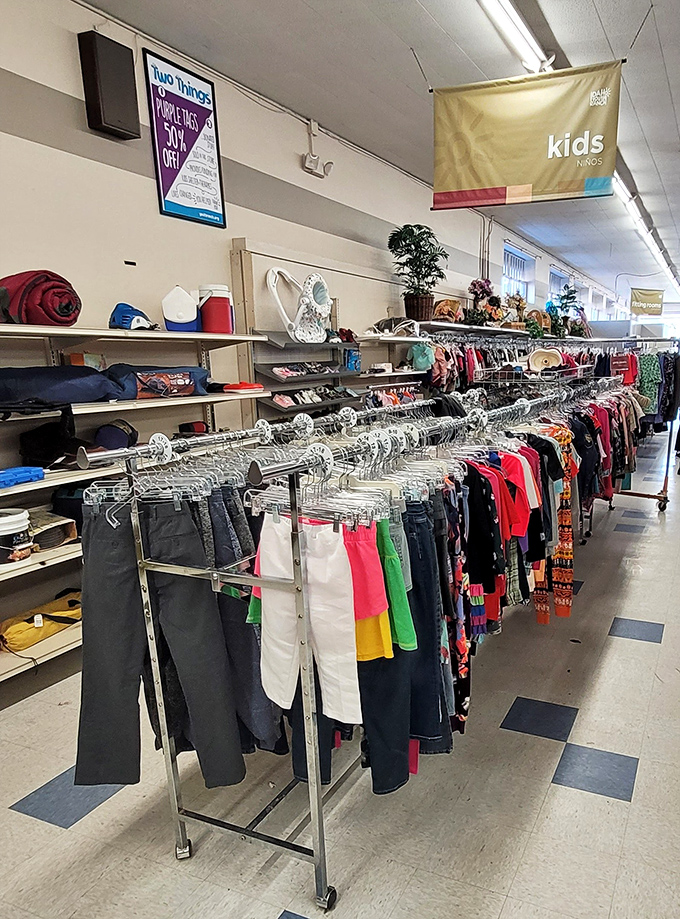 The children's clothing section offers a rainbow of options organized by size, saving parents money on items kids outgrow faster than ice cream melts.