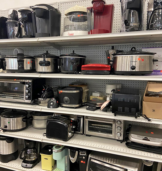 Small appliance heaven&mdash;where coffee makers, slow cookers, and toaster ovens await their kitchen comeback. That red Keurig is practically winking at potential buyers.