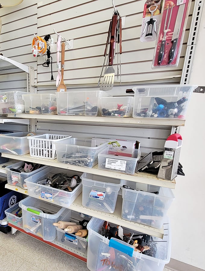 Kitchen gadget paradise where utensil archaeologists can unearth that perfect potato masher their grandmother once wielded with authority.