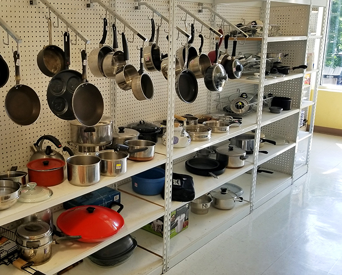 The kitchenware section hangs with possibility&mdash;cast iron treasures and stainless workhorses waiting to help create your next culinary masterpiece at bargain prices.