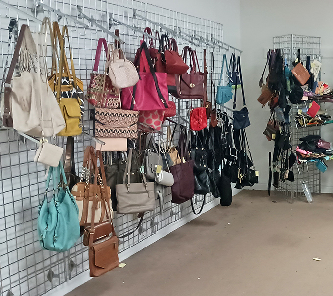Purses in every color and style hang like fashion fruit, ripe for picking by savvy shoppers.