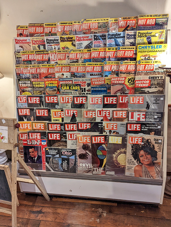 Hot Rod, Popular Mechanics, and Life magazines stacked like a paper time machine to when print media ruled the world.