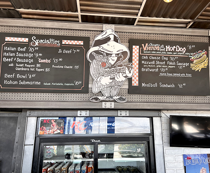 Menu boards showcase the stars of the show, presided over by the restaurant's gangster-themed mascot &ndash; Chicago attitude included.