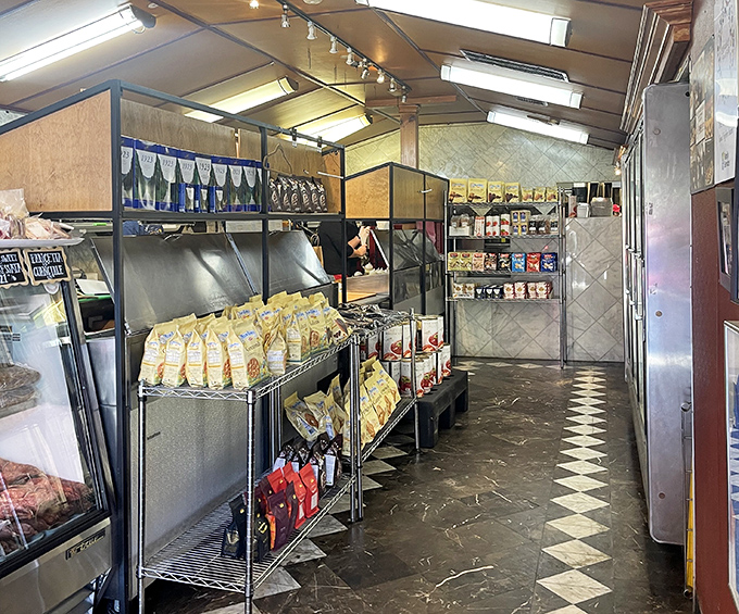 Even the grocery shelves get the Italian treatment, stocked with imported goodies for your pantry.