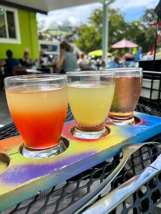 A rainbow flight of morning cocktails that proves breakfast can indeed be the happiest hour of the day.