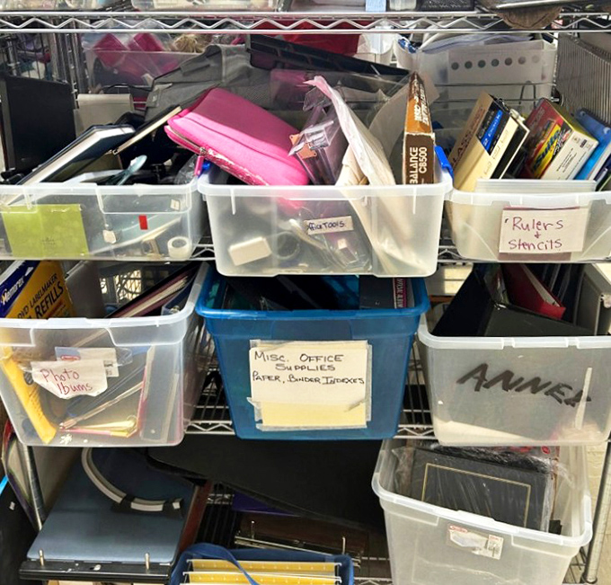 Organized chaos in the office supply section. Someone's abandoned bullet journal dreams become your home office bargains&mdash;creativity included at no extra charge.