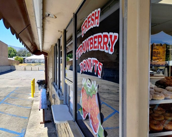 The "Fresh Strawberry Donuts" sign isn't just advertising&mdash;it's a public service announcement for joy that should be broadcast nationally.