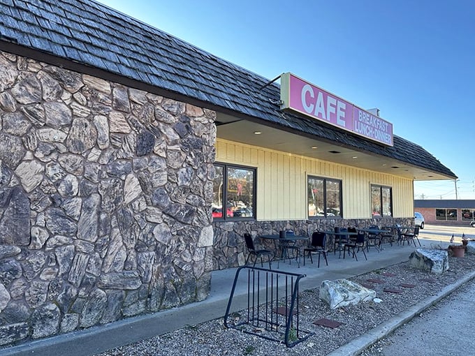 The stone exterior and outdoor seating area offer a glimpse of Nebraska sunshine with your meal when the weather cooperates.