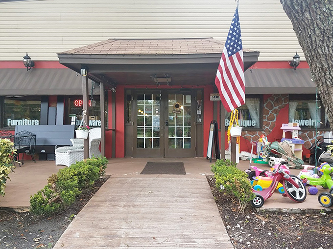 The welcoming entrance, complete with children's outdoor toys, announces this isn't just shopping&mdash;it's community recycling at its most joyful.