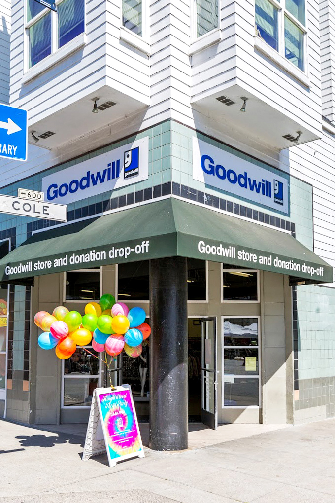 Balloons and tie-dye signage welcome shoppers to this corner of Haight Street, where the spirit of the 60s lives on in recycled retail.