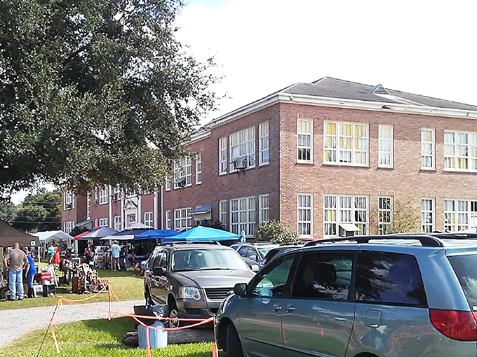 The schoolhouse occasionally hosts outdoor markets, drawing crowds of treasure hunters to this historic brick building in Washington, Louisiana.