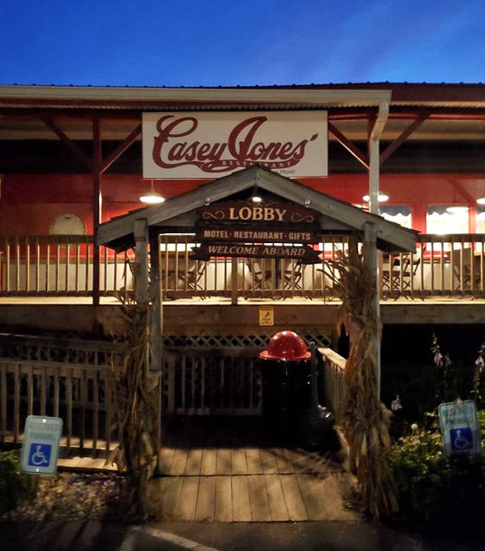 As evening falls, Casey Jones' warm glow beckons hungry travelers like a lighthouse guiding ships to the safe harbor of good food.