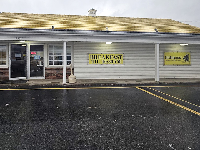 Even from the outside on a gray day, the promise of "BREAKFAST TIL 10" feels like a warm invitation to start your day right.