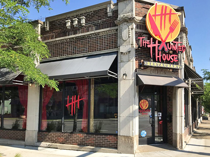 Sunlight softens the spooky theme, making The Haunted House Restaurant an any-time destination. The historic architecture adds character that no set designer could replicate.