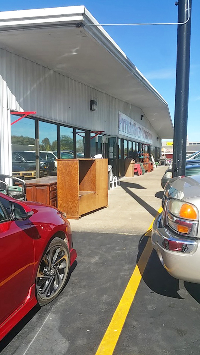 Even the outside sidewalk becomes retail space. Like a yard sale that never ends, these furniture pieces wait patiently for their forever homes.