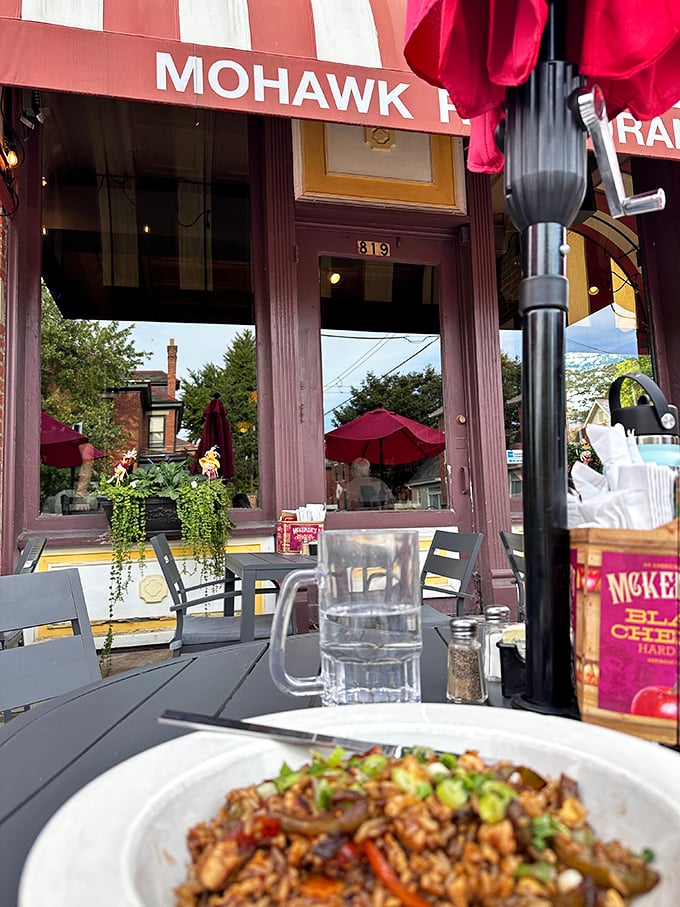 The patio offers front-row seats to German Village's charming street theater and passing parade.