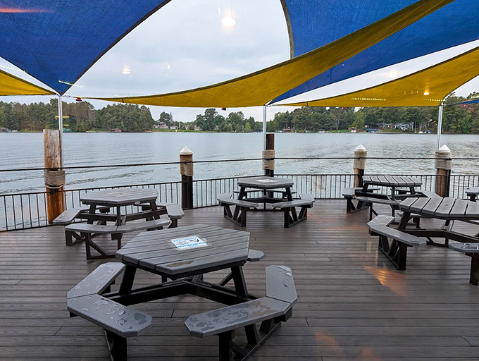 Lakeside dining under colorful canopies&mdash;because the only thing better than great food is enjoying it with a water view.