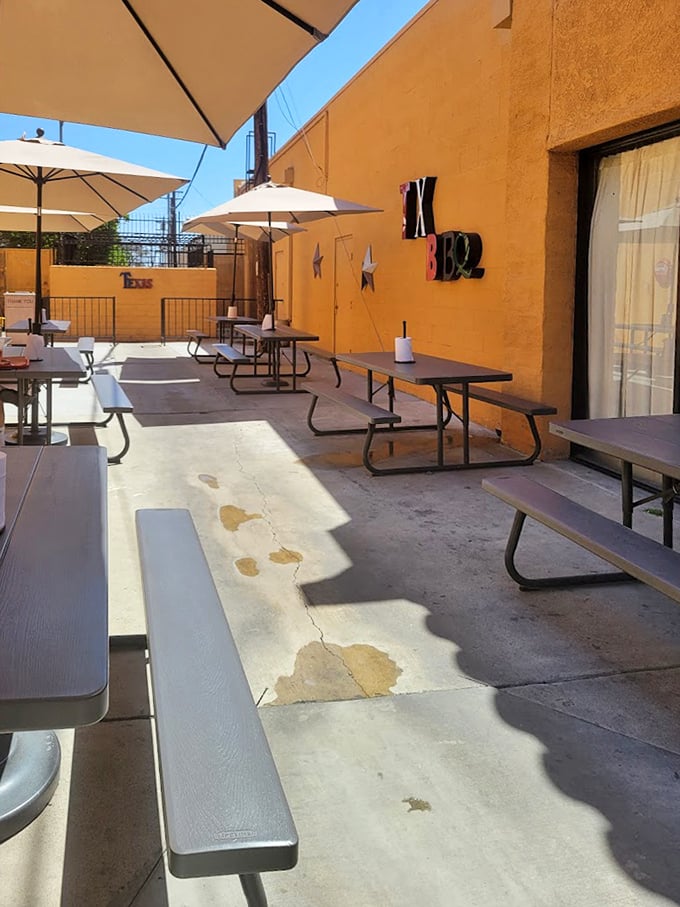 The outdoor patio offers sunshine, fresh air, and a place to contemplate the profound questions raised by transcendent barbecue.