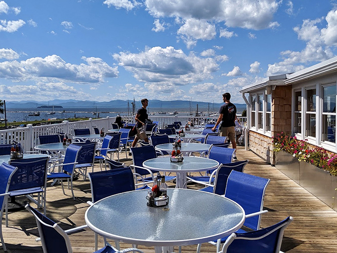 The outdoor deck offers front-row seats to Lake Champlain's beauty&mdash;nature's perfect digestif after a seafood feast.