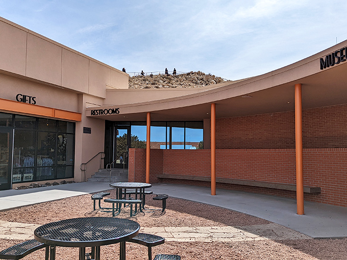 The outdoor patio offers a moment to contemplate life's big questions, like "How small would my problems look from the crater floor?"