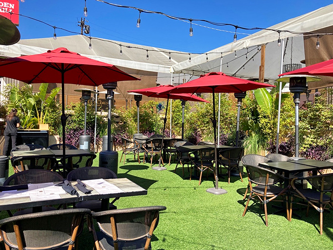 The outdoor patio offers California sunshine by day and string lights by night&mdash;proving steakhouse ambiance works in any setting.