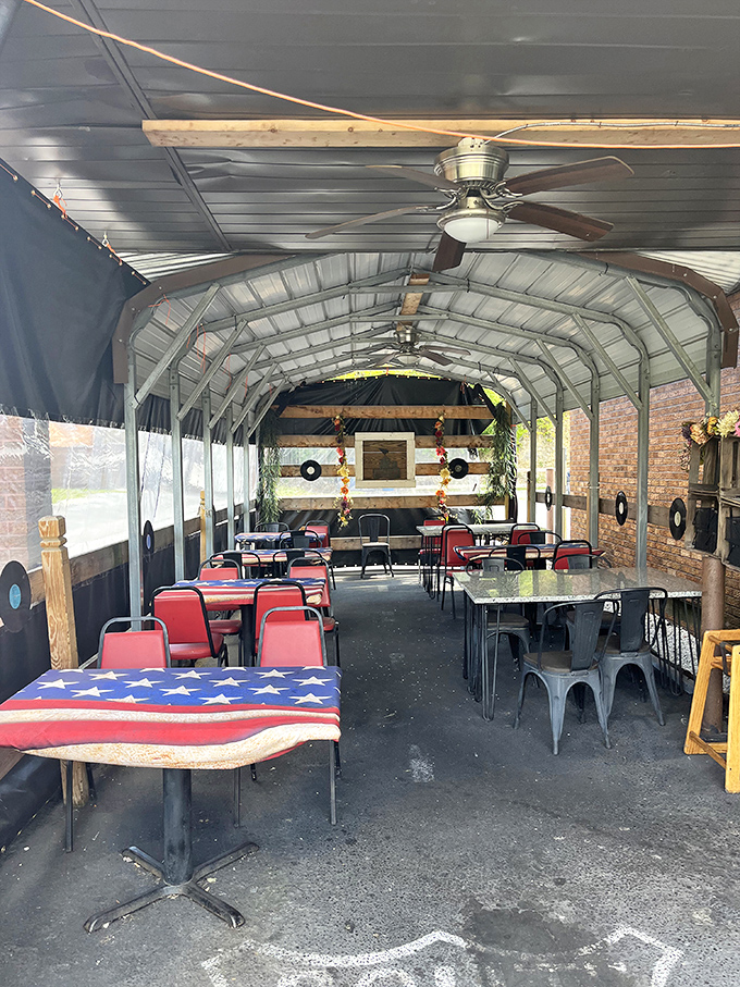 The covered patio brings the indoors outdoors &ndash; where the American flag tablecloth reminds you that few things are more patriotic than diner food.