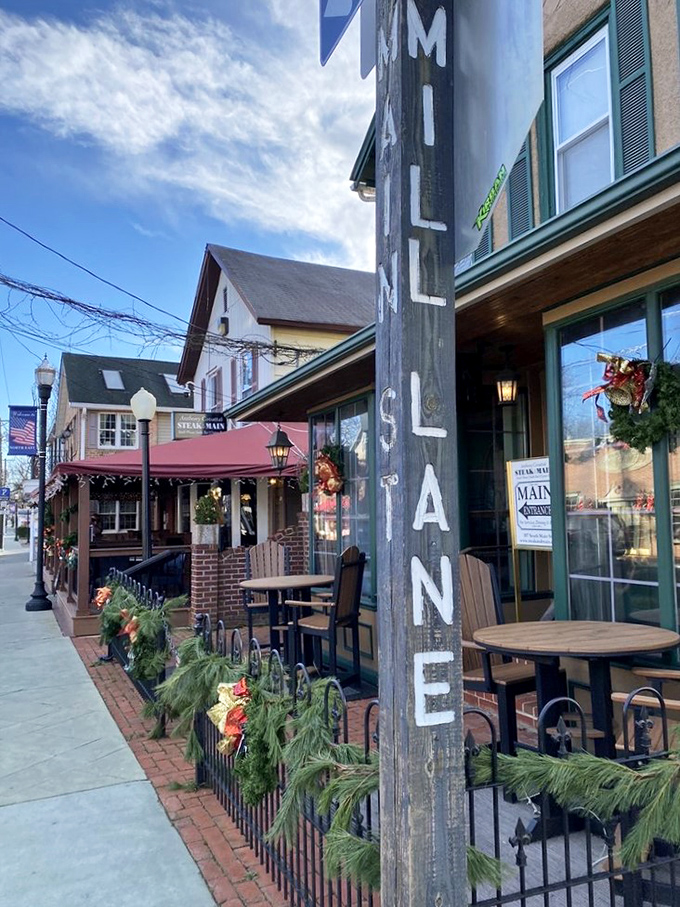 Winter decorations along Main Street make the restaurant even more inviting, like a holiday card come to life.