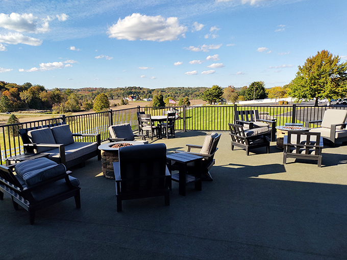 The outdoor seating area offers panoramic views of Ohio countryside. Nature's dining room comes with fresh air and no reservation required.