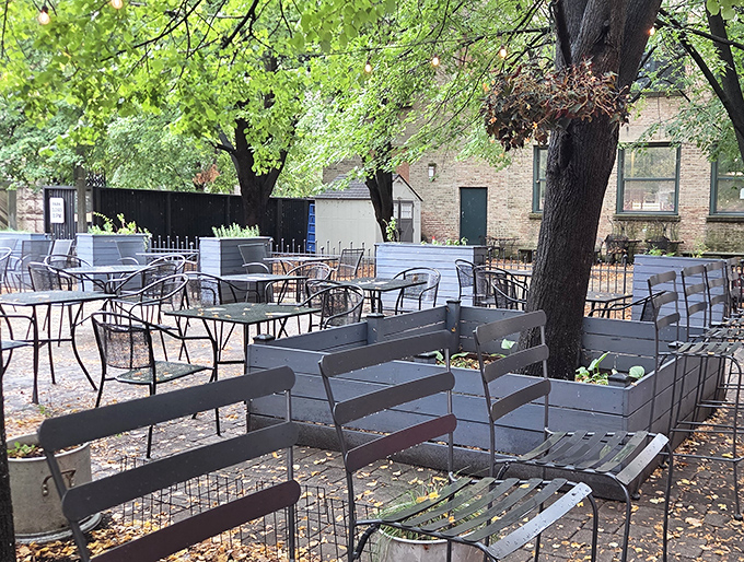 The outdoor seating area offers a peaceful urban oasis where fallen leaves add a touch of nature's confetti to your dining experience.