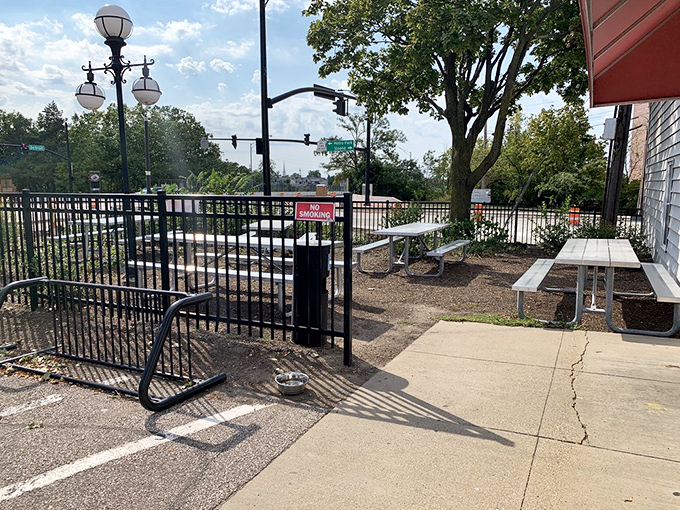 The outdoor seating area—where pastry-induced euphoria can be enjoyed with a side of vitamin D.