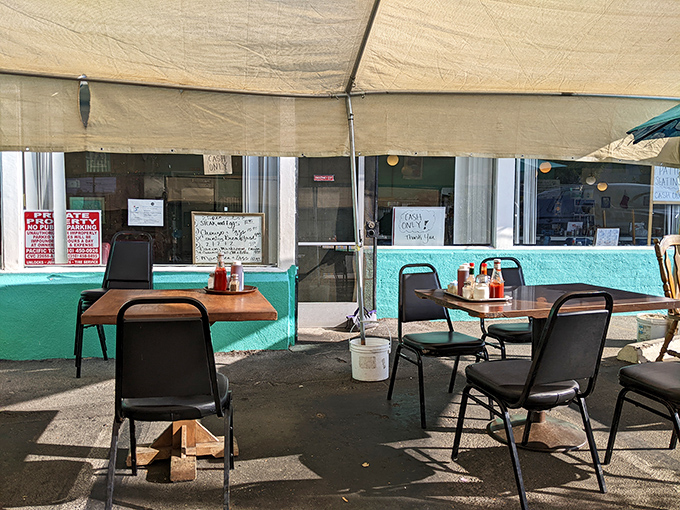 Even the outdoor seating maintains the no-nonsense approach. No string lights or succulent centerpieces&mdash;just tables, chairs, and the promise of honest food.