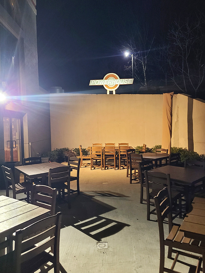 When Pennsylvania evenings turn perfect, the outdoor seating area becomes prime real estate for dining under the restaurant's iconic signage.