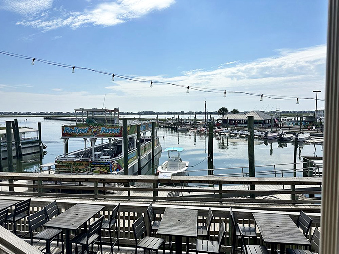 The outdoor seating area promises al fresco dining with a side of marina views and salt-kissed breezes.