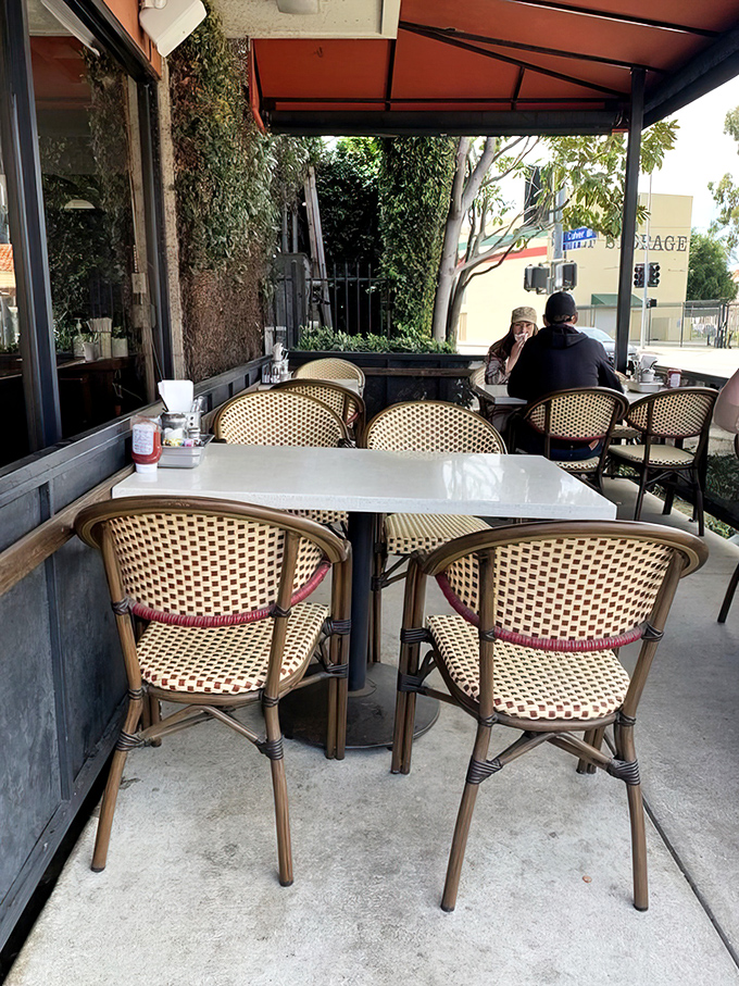 The outdoor seating area offers fresh air with your fresh eggs&mdash;a California breakfast luxury where nature and nurture meet.