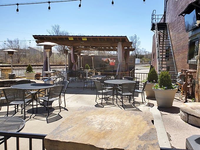 The outdoor patio offers al fresco dining with Midwestern practicality&mdash;string lights, shade, and space to loosen your belt after that 25-ounce porterhouse.