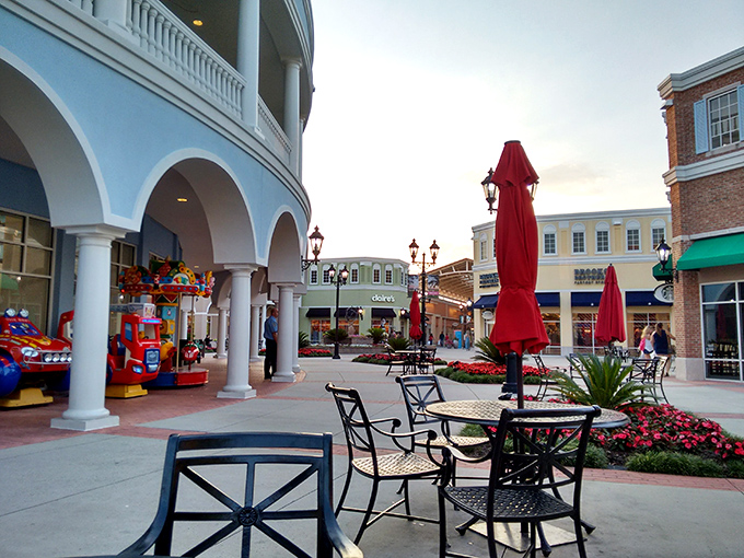 Elegant outdoor seating areas provide tactical resting spots for shoppers to regroup and plan their next retail conquest.