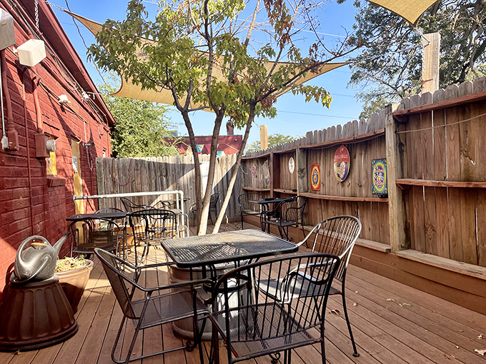 The outdoor patio offers a peaceful wooden sanctuary for enjoying ocean treasures under Nebraska skies. Urban dining with backyard comfort.