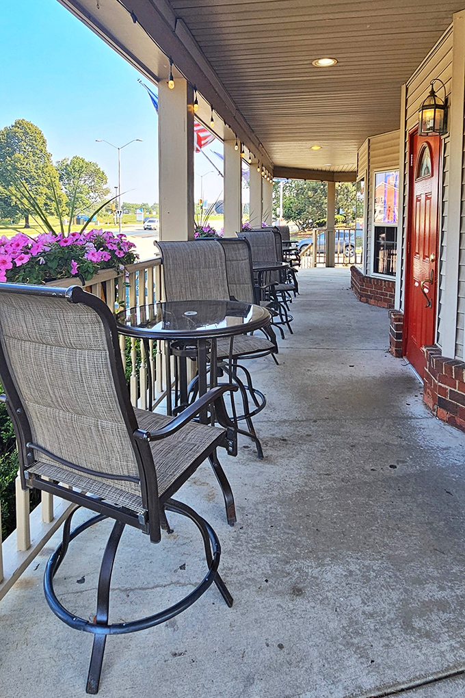 The front porch seating offers a perfect spot to contemplate life's big questions, like "How soon is too soon for another butter burger?"