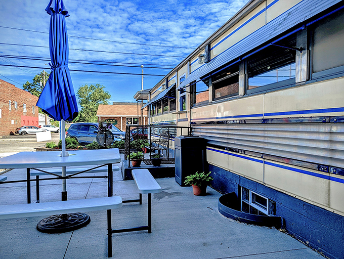 Outdoor seating for when the Pennsylvania weather cooperates, though most prefer the authentic dining car experience inside.