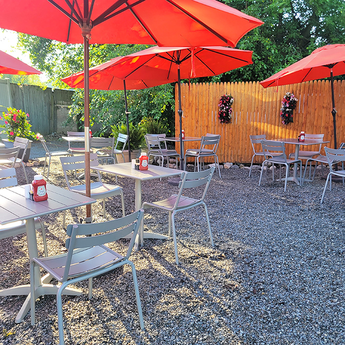 The outdoor seating area&mdash;where bright umbrellas create islands of shade and breakfast tastes even better with a side of fresh air.