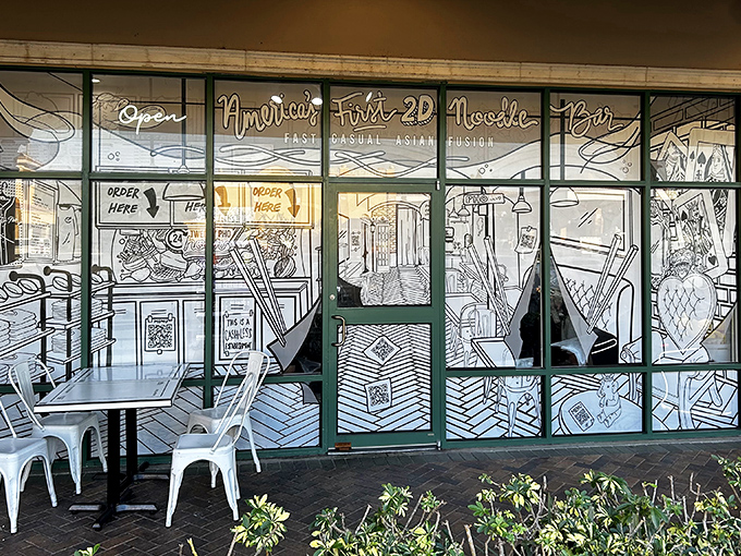 America's First 2D Noodle Bar proclaims the window&mdash;and they're not exaggerating. Even the outdoor seating continues the artistic theme.