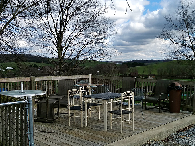 The outdoor deck &ndash; where you can contemplate the rolling hills of Holmes County while contemplating how many donuts constitute "too many."