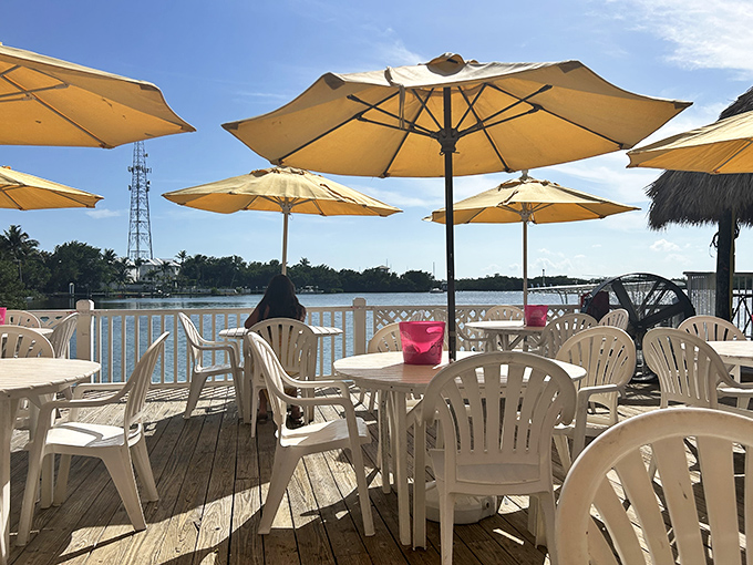 Yellow umbrellas stand like sentinels guarding the perfect view. At Lorelei, even an empty chair seems to be enjoying the waterfront scenery.